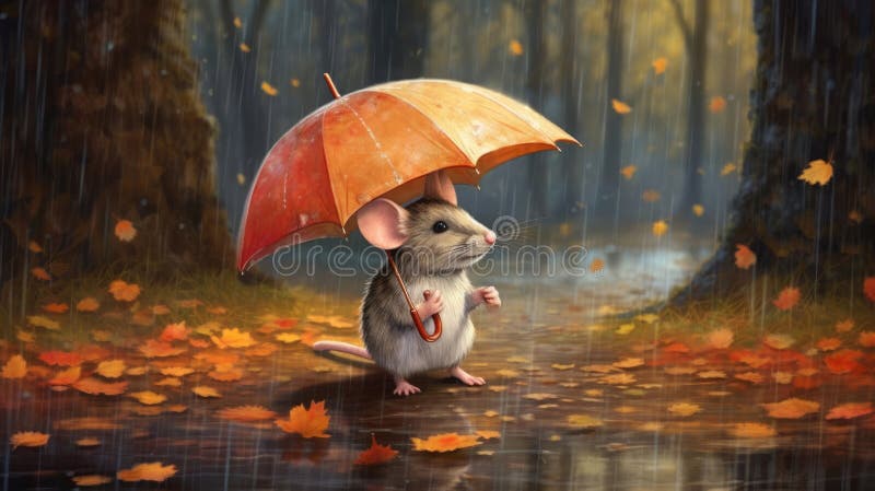 Cute Mouse with an Umbrella in the Rain in the Autumn Forest. Stock ...