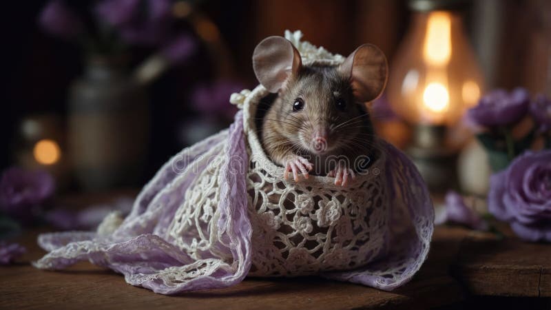 Adorable Mouse in a Lavender Lace Basket Stock Illustration ...