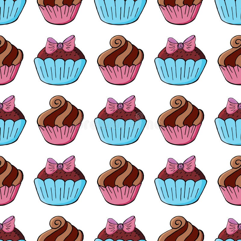 Cute Muffins, Cupcakes. Seamless Pattern with Sweet Pastries Stock ...