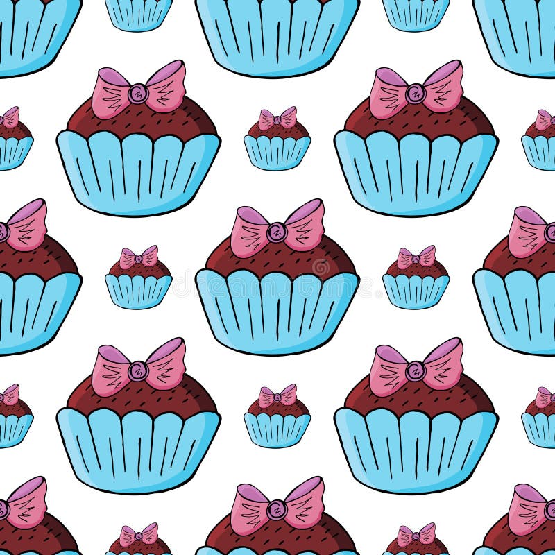 Cute Muffins, Cupcakes. Seamless Pattern with Sweet Pastries. Vector ...