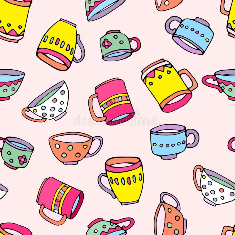 Cute Mugs and Cups Background Stock Vector - Illustration of summer, seamless: 71163772