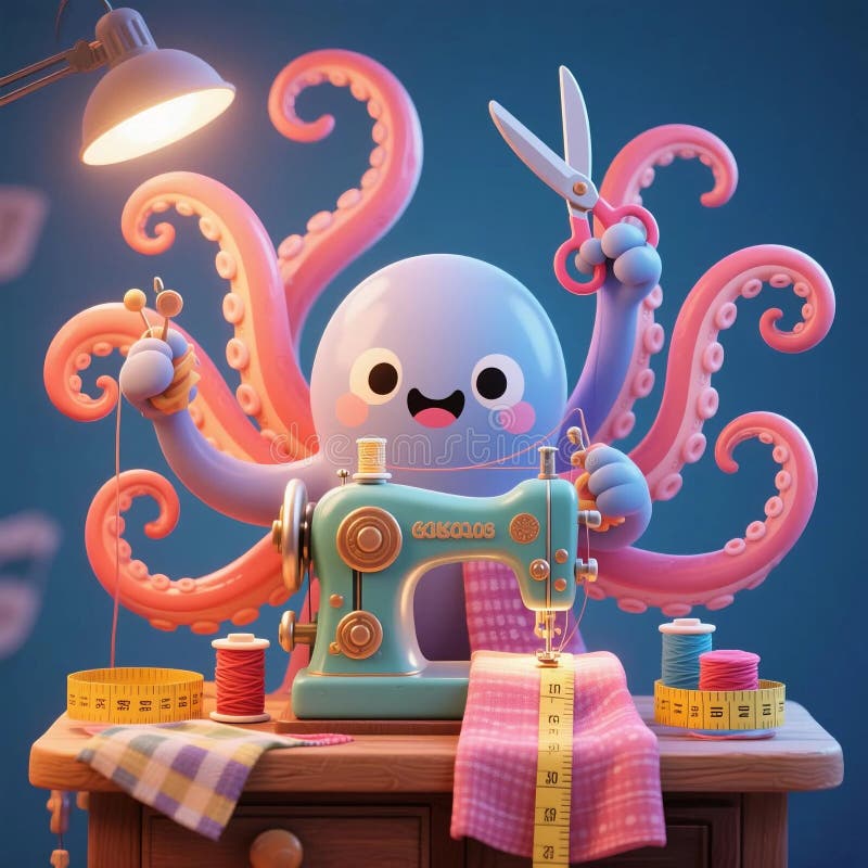 Cute Multitasking Octopus Tailor at Work Stock Illustration ...
