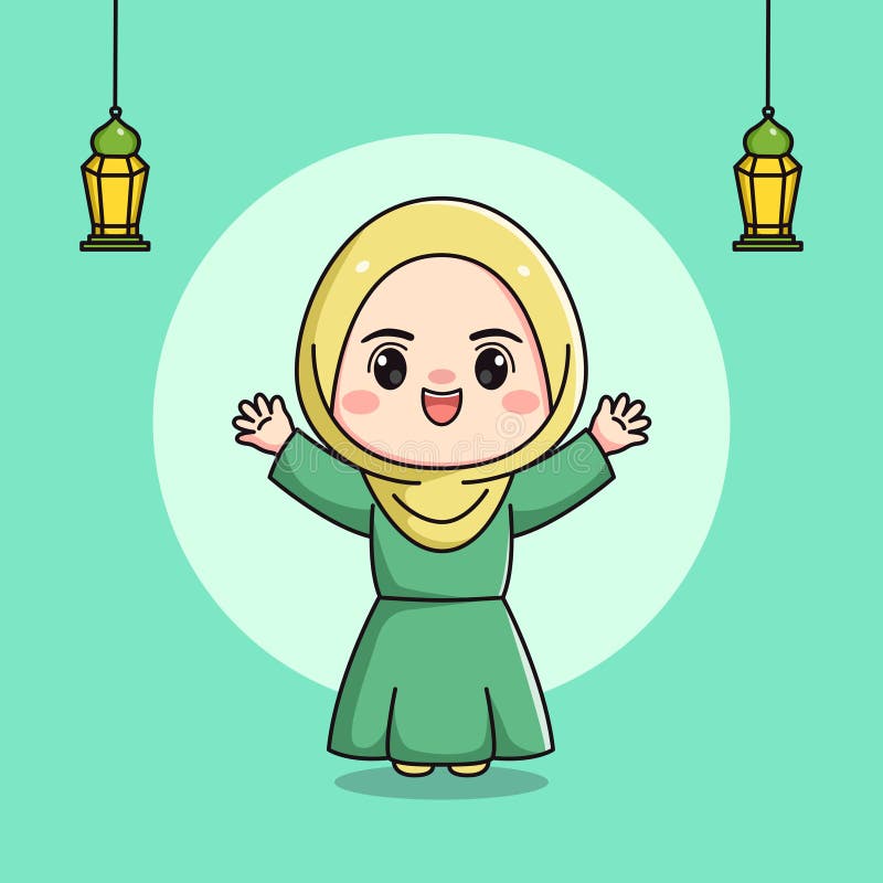 Cute Muslim Girl Character with Raised Hands Stock Vector ...