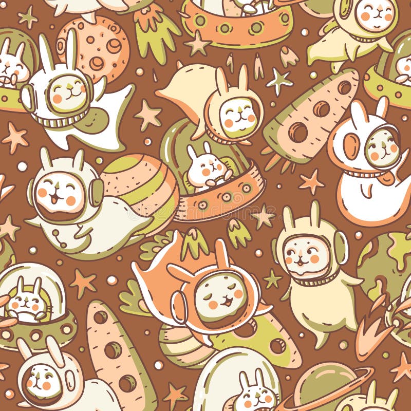 Cute Muted Astronaut Bunnies Vector Seamless Pattern, Doodle Funny ...