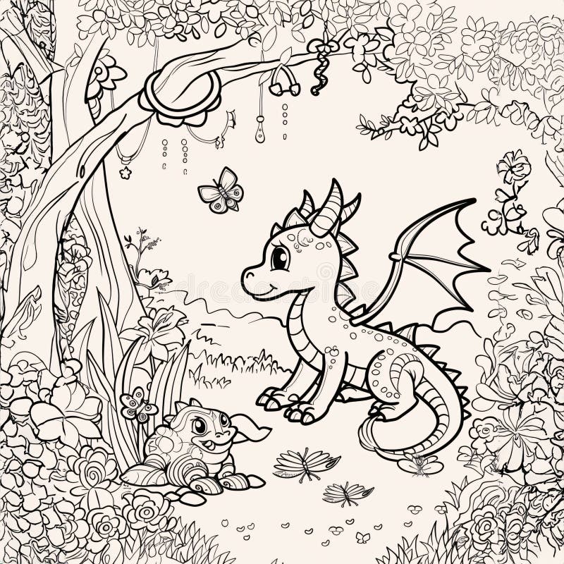 Cute Mythical Dreagon Scenery - a Coloring Page of a Dragon and a ...