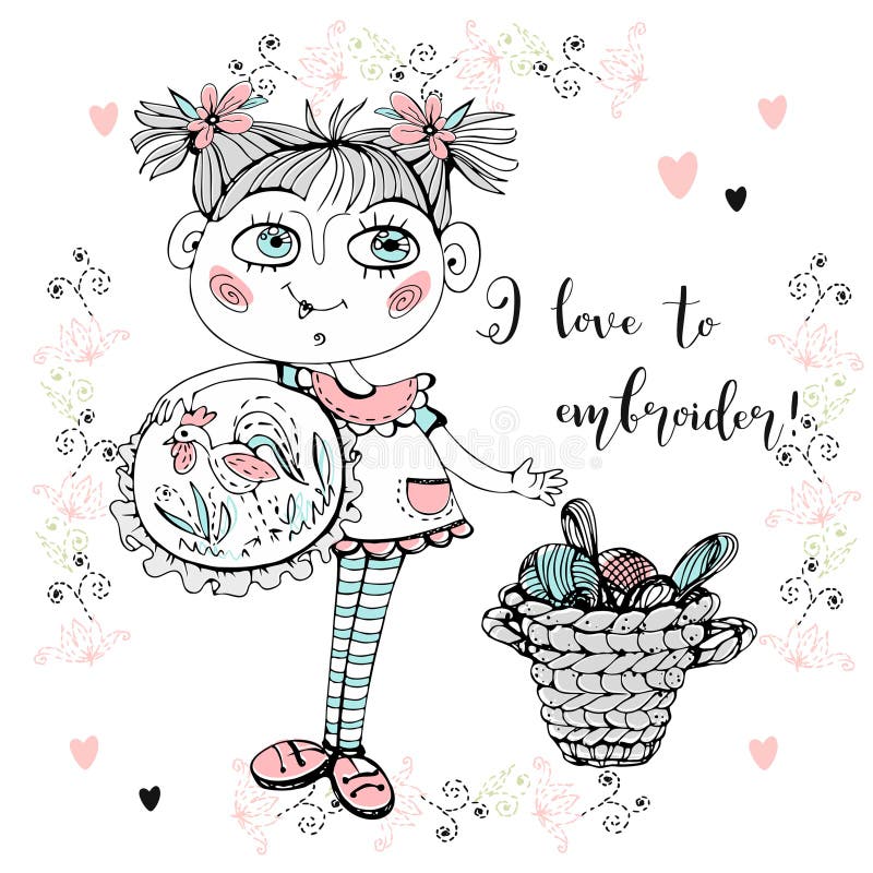 A Cute Needlewoman Girl with Embroidery. Accessories for Needlework ...