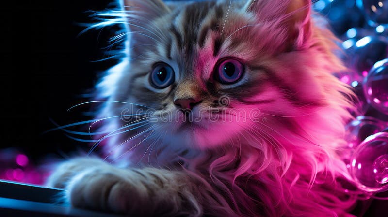 Cute Neon Art with a Kitten. Generative AI. Stock Illustration ...