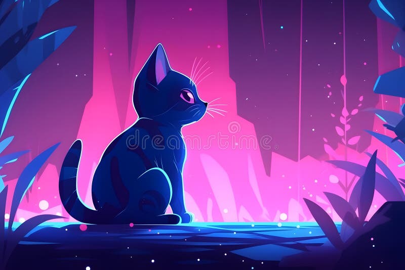 Cute Neon Art with a Kitten. Neural Network AI Generated Stock ...