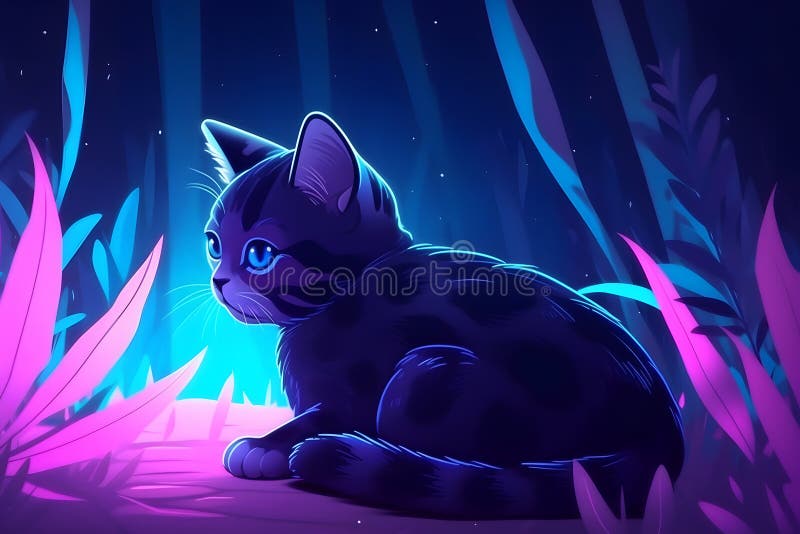 Cute Neon Art with a Kitten. Neural Network AI Generated Stock ...