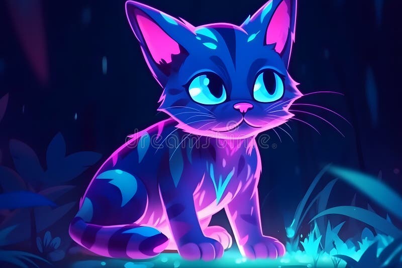Cute Neon Art with a Kitten. Neural Network AI Generated Stock ...