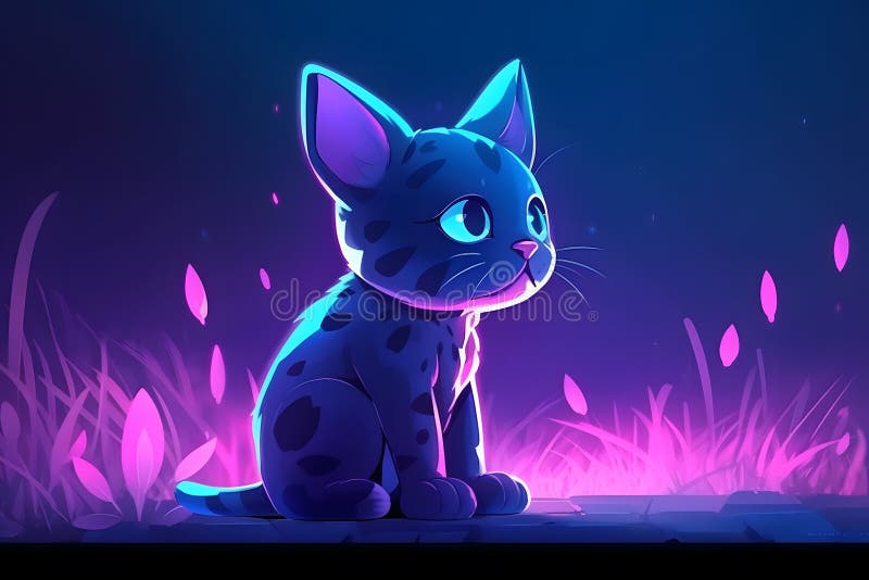 Cute Neon Art with a Kitten. Neural Network AI Generated Stock ...