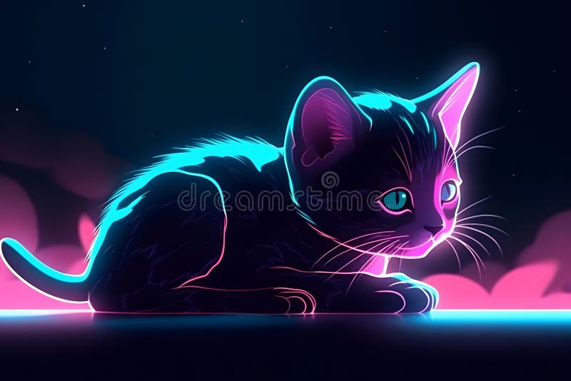 Cute Neon Art with a Kitten. Neural Network AI Generated Stock Photo ...
