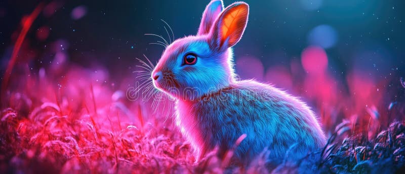 NEON BLUE BUNNY SURROUNDED by GLOWING PINK GRASS Stock Illustration ...
