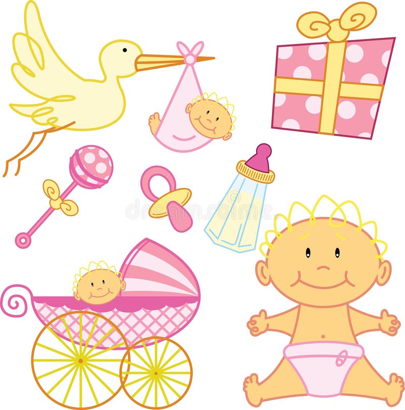 Cute New Born Baby Girl Graphic Elements. Stock Vector - Illustration ...