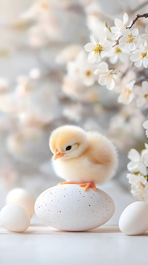 Cute Newborn Chick on Speckled Egg with Soft Spring Flowers, Creating a ...
