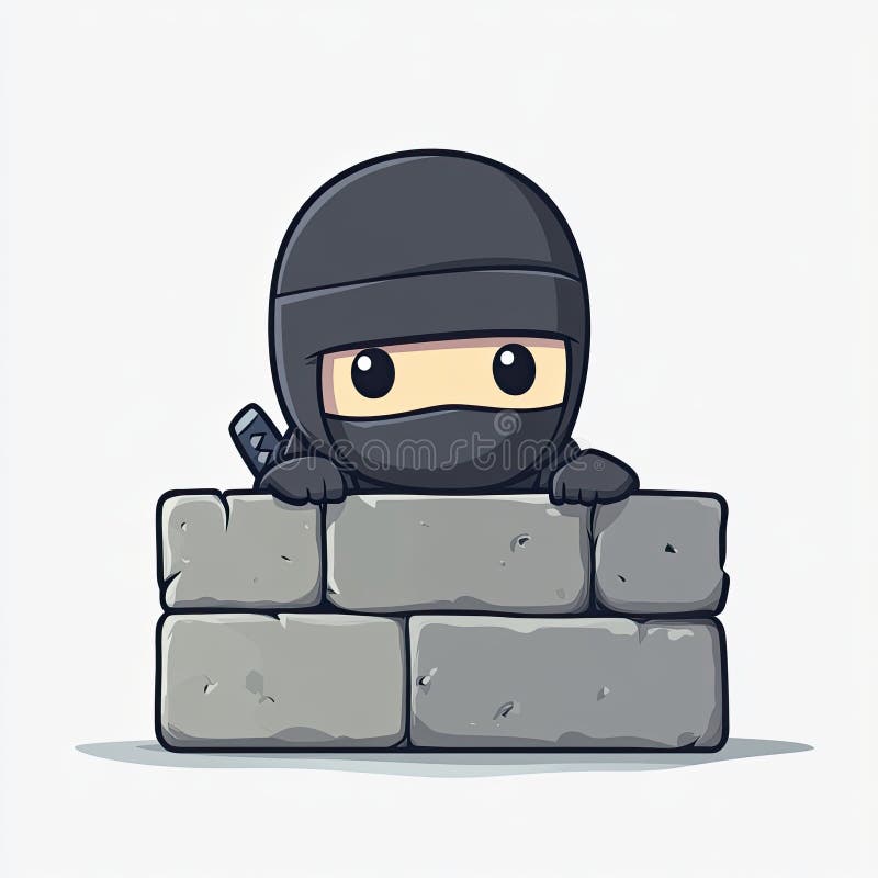 Cute Ninja Character Peeking Over Stone Wall, Showcasing Stealth and ...