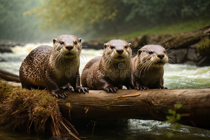 Cute North American River Otters Sitting on Tree Stump Over River ...