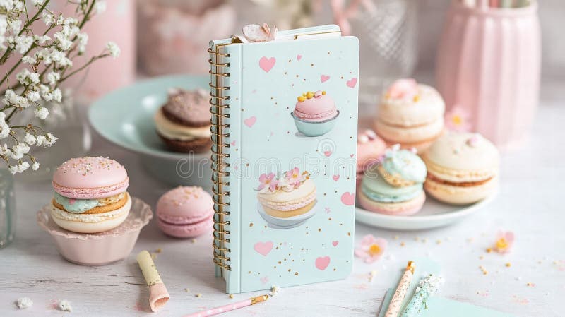 Cute Notebook with Macarons and Pastel Decorations on a Table Stock ...