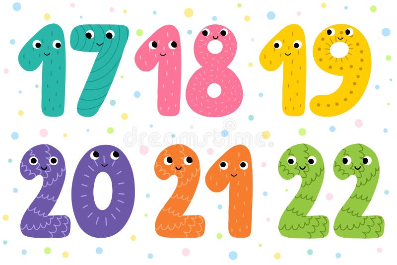 Cute Numbers Characters 17-22 for Kids. Collection of Happy Numbers in ...