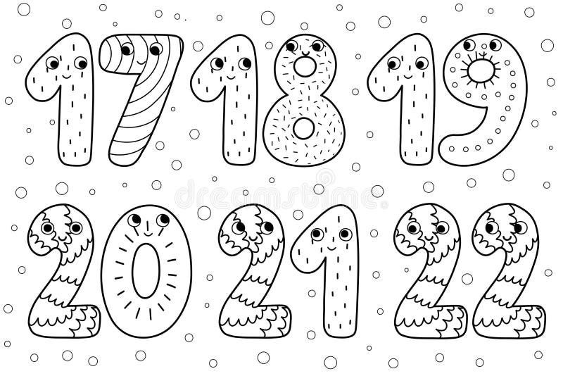 Cute Numbers Black and White Characters 17-22 for Kids. Collection in ...