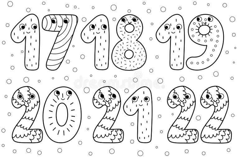 Cute Numbers Black and White Characters 17-22 for Kids. Collection in ...