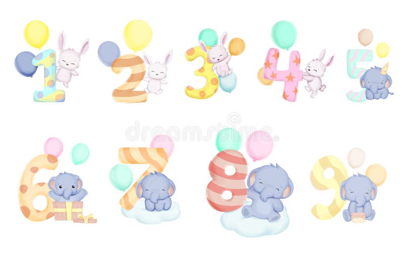 Cute Numbers with Animal Character for Birthday Stock Illustration ...