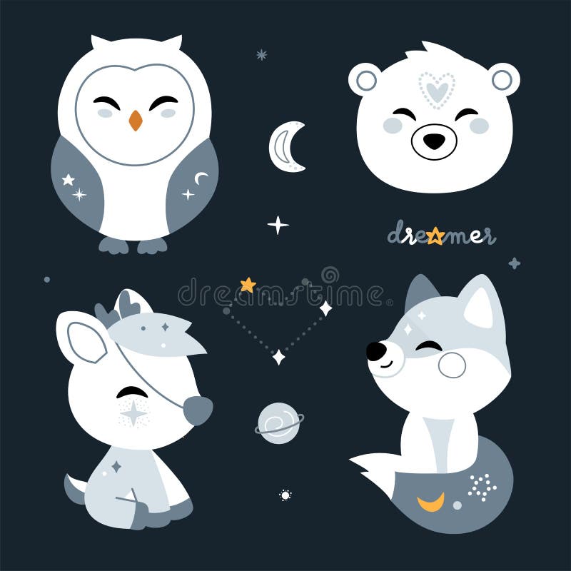 Cute Nursery Set with Animals, Stars and Design Elements. Vector. Stock ...