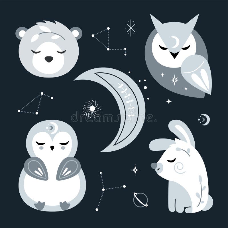 Cute Nursery Set with Forest Animals, Stars and Design Elements. Vector ...