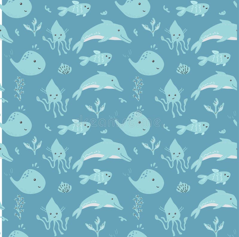 Cute Ocean Animals Pattern with Whales, Octopuses, and Dolphins on Blue ...