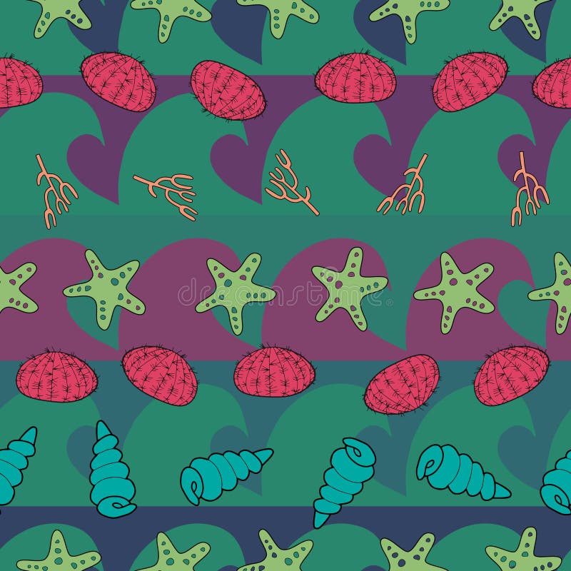 Cute Ocean Elements, Seamless Pattern on Horizontal Blue Wave ...