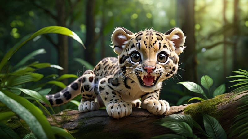 Cute Ocelot Kitten in Jungle. Stock Illustration - Illustration of ...