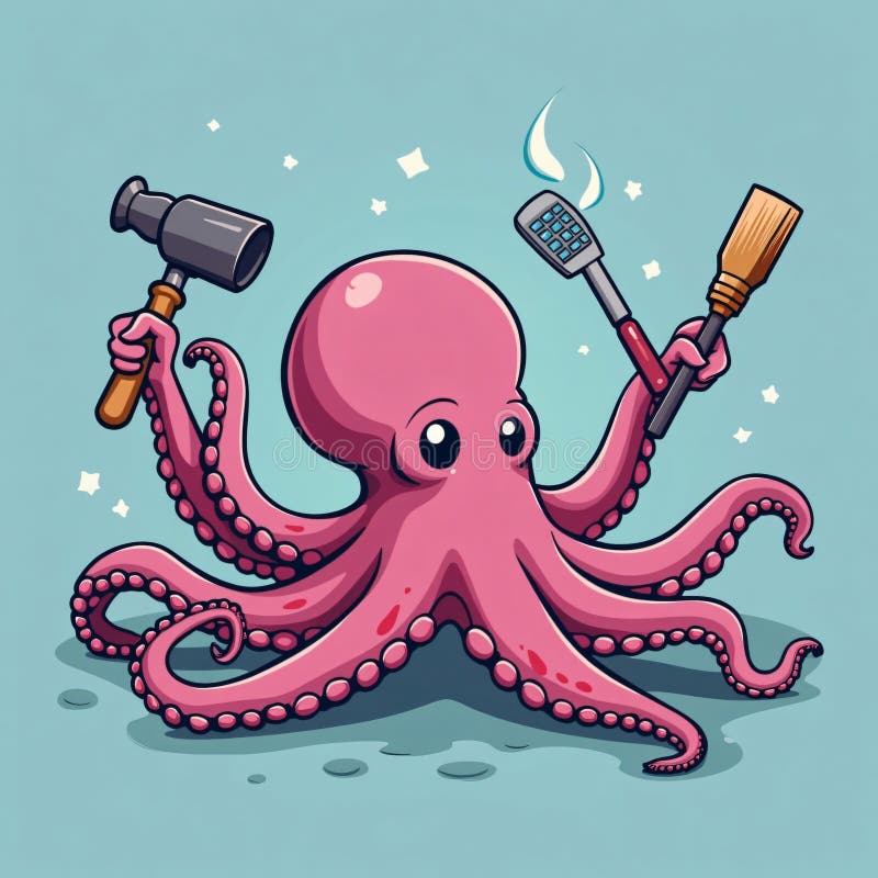 Cute Octopus Multitasking with Tools Cartoon Illustration Stock ...