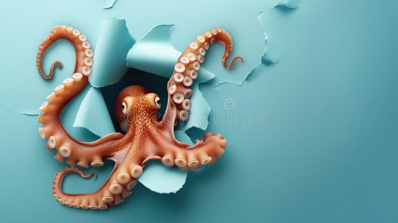 Cute Octopus Peeks through the Hole in the Paper Wall Stock ...