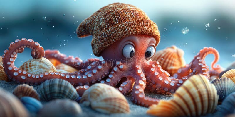 A Cute Octopus Wearing a Tiny Hat Playing with Sea Shells for ...