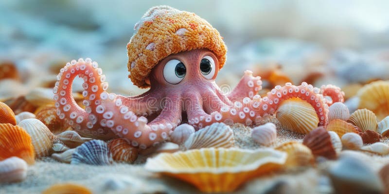 A Cute Octopus Wearing a Tiny Hat Playing with Sea Shells for ...