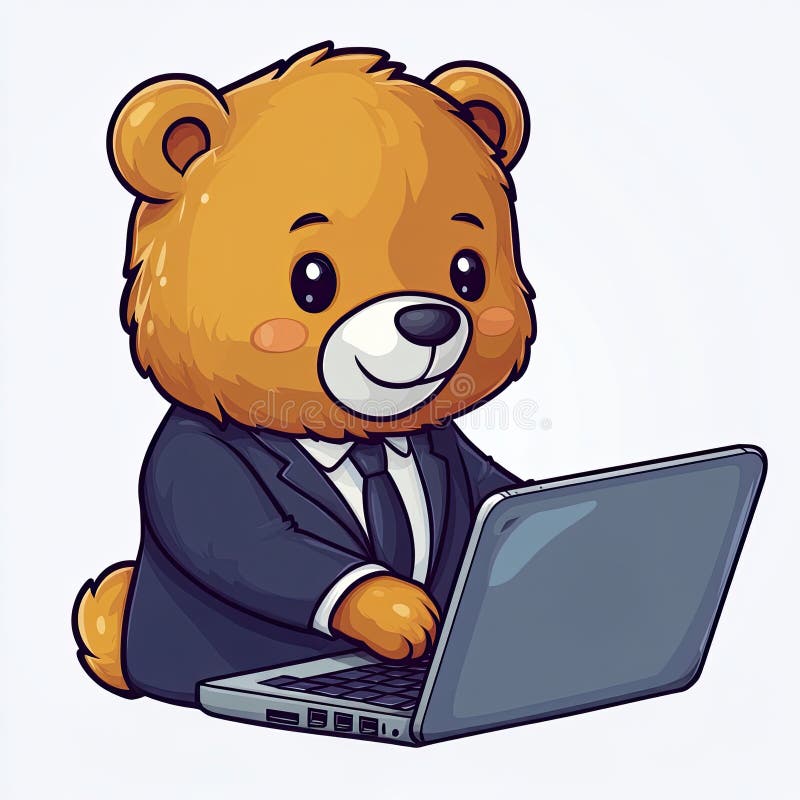Cute Office Bear Wearing Suit, Working on Laptop with Joy Stock ...