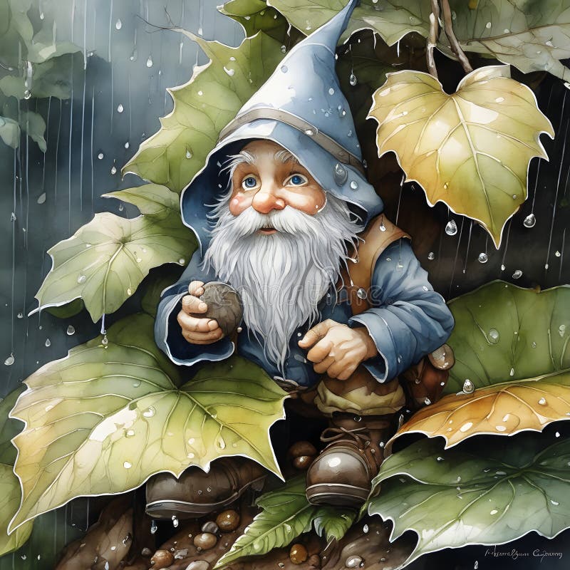 Cute Old Gnome Hiding from the Rain Stock Illustration - Illustration ...