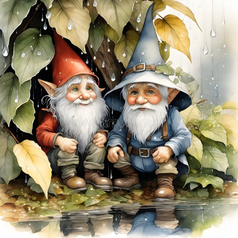 Cute Old Gnome Hiding from the Rain Stock Illustration - Illustration ...