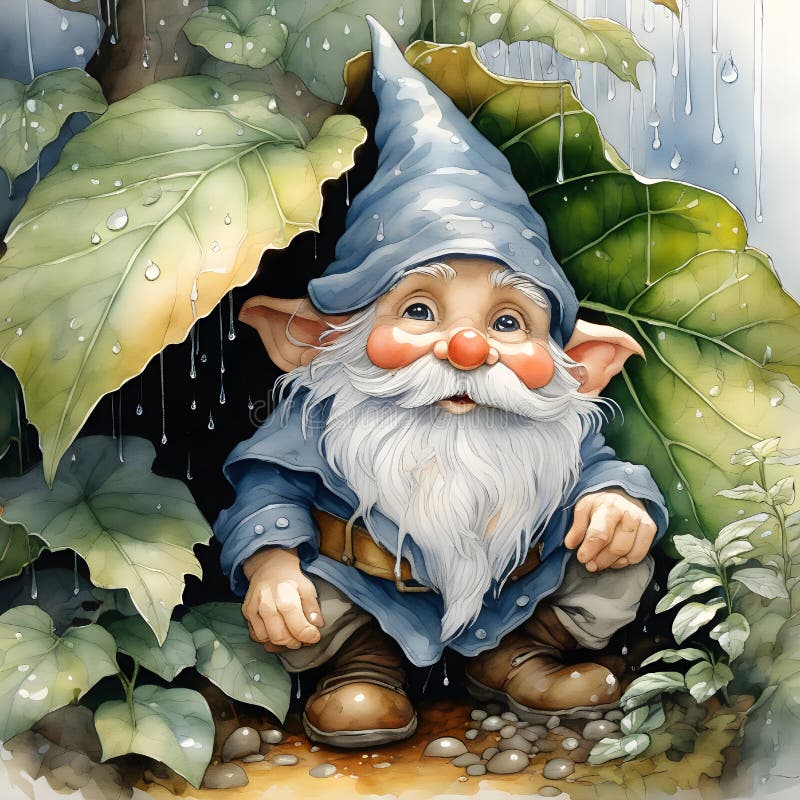 Cute Old Gnome Hiding from the Rain Stock Illustration - Illustration ...