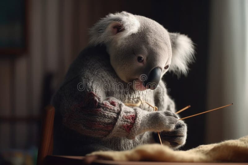 A Cute Old Koala in a Sweater is Sewing, Generative AI Stock ...