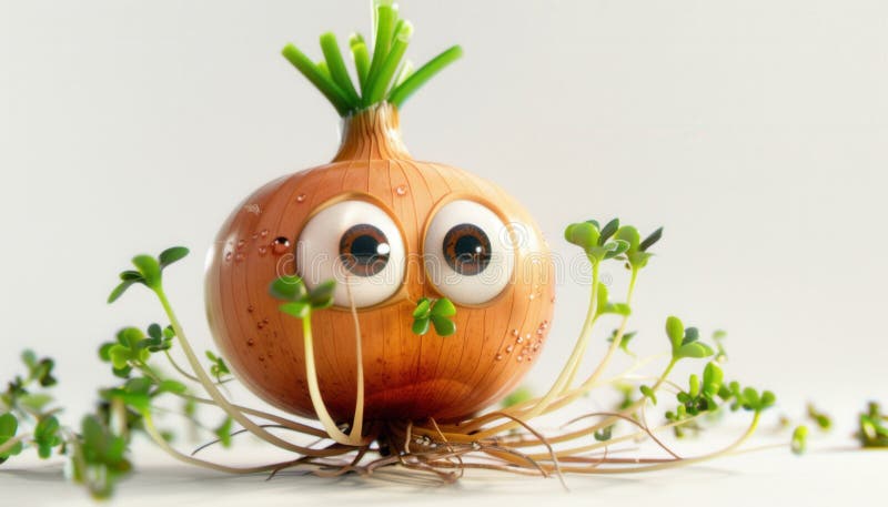 Cute Onion Character with Sprouting Greens and Expressive Eyes in ...