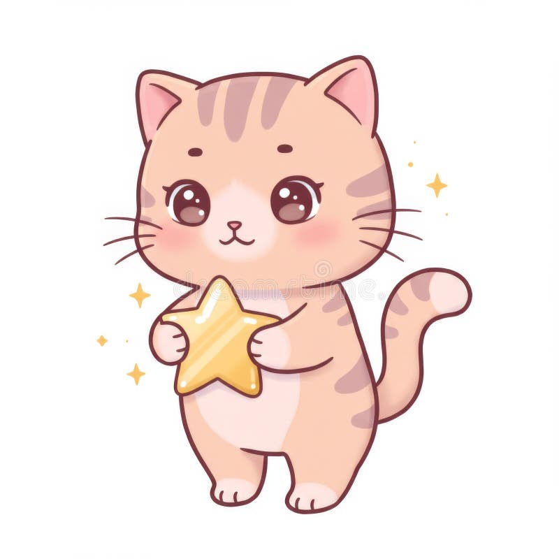 Cute Orange Cartoon Cat Holding a Yellow Star Stock Illustration ...