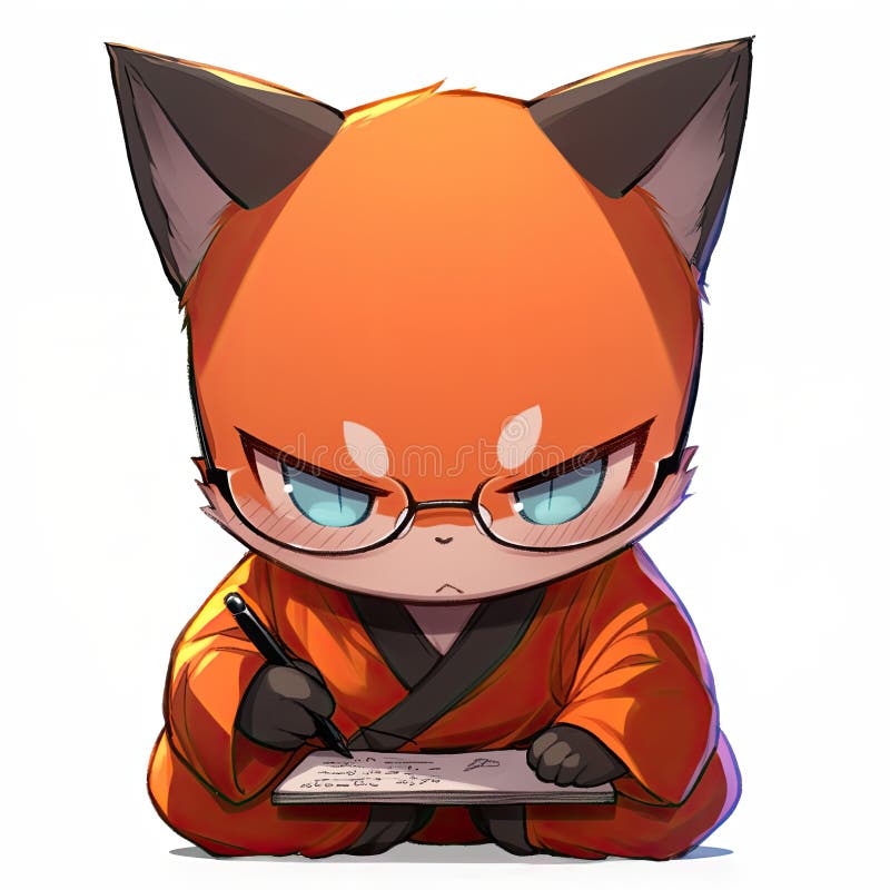 Cute Orange Cat Character Wearing Glasses, Writing on Notepad in Office Setting Stock ...