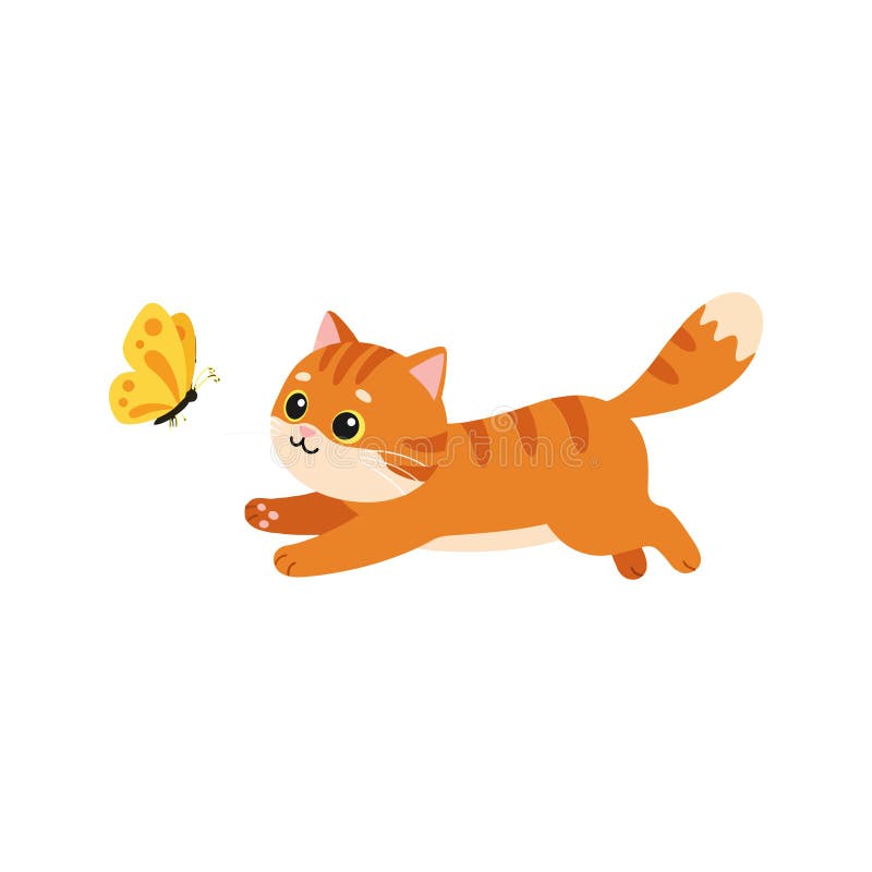 Cute Orange Cat Chasing a Butterfly in Flat Vector Art Stock Vector ...