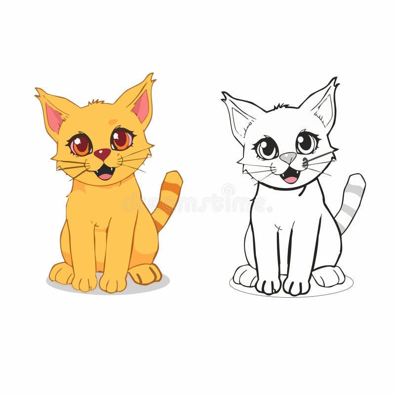 Cute Orange Cat Coloring Page Colored Left and Outline Right Version ...