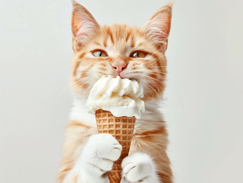 Cute Orange Cat is Holding an Ice Cream in His Paws, White Background ...