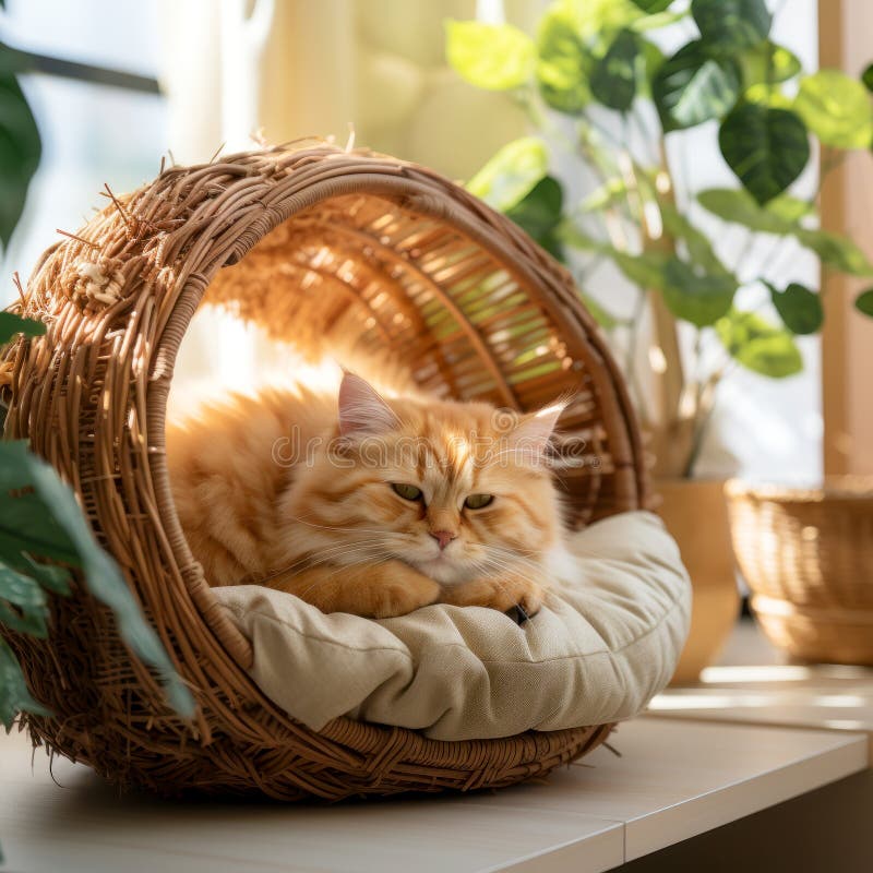 Cute Orange Cat Relaxation in Cat House Stock Illustration ...