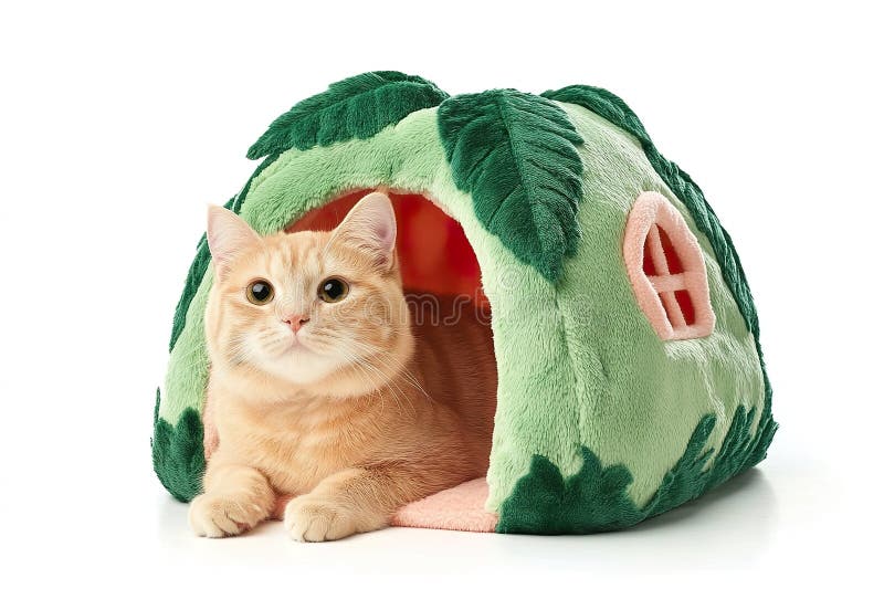 Cute Orange Cat Relaxing in Leafy Plush Green Cat House Stock Image ...