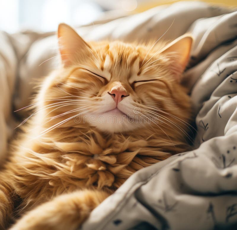 Cute Orange Cat Sleeping Inside a Bed with His Eyes Shut Stock Photo ...