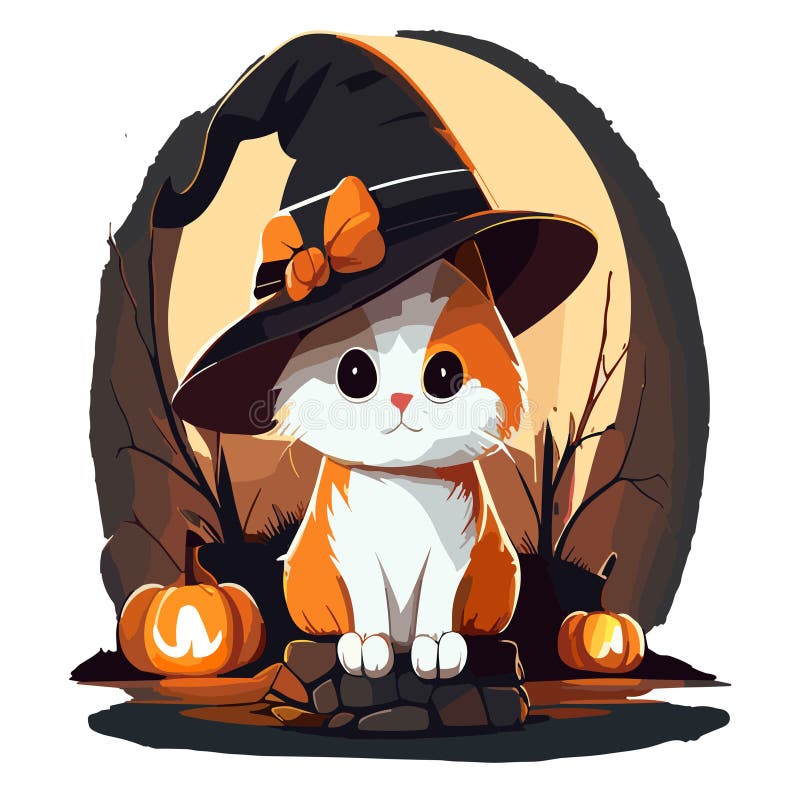 Cute Orange Cat Wearing Halloween Hat Stock Vector - Illustration of ...